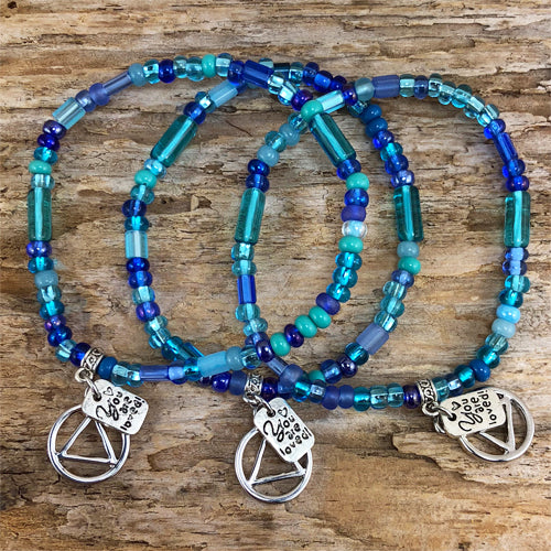 Alcoholics Anonymous - "Higher Power" Ocean colored Czech beads stretc ...